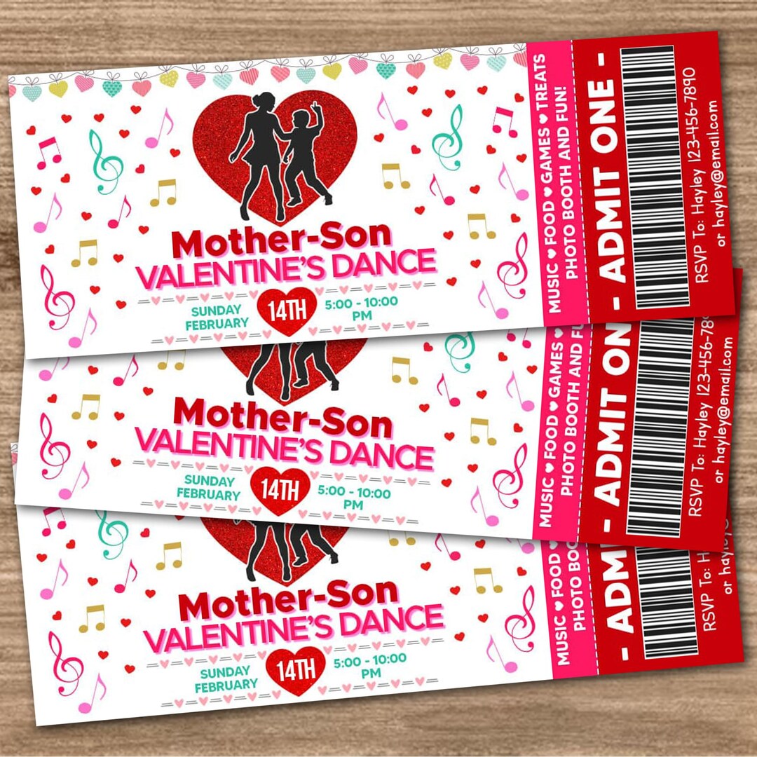 Editable Mother and Son Valentine's Day Dance Ticket, Valentine School ...