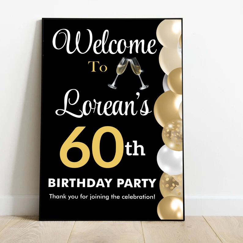 60th Birthday Party Welcome Sign BUNDLE Editable Black Gold - Etsy