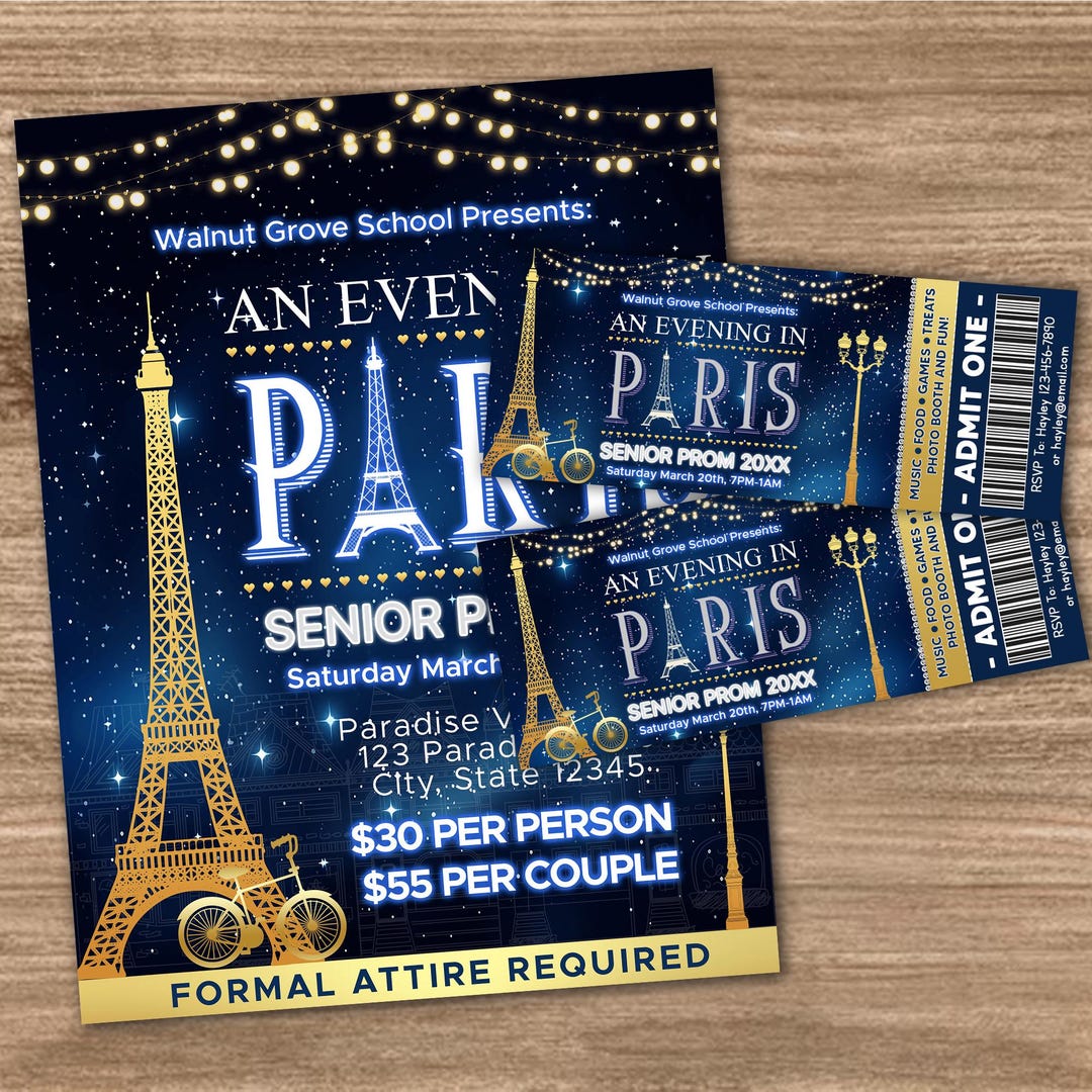 A Night in Paris Prom Flyer and Ticket Bundle Template, School Dance ...