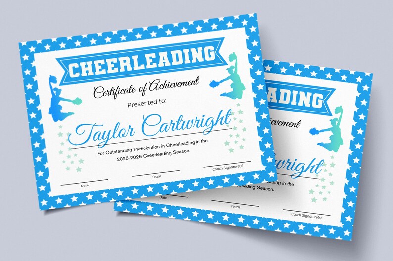 Editable Cheer Certificate Light Blue Cheerleading Gifts - Etsy