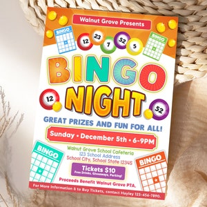 Bingo Night Flyer Fundraiser, Family School PTA PTO Printable Template ...