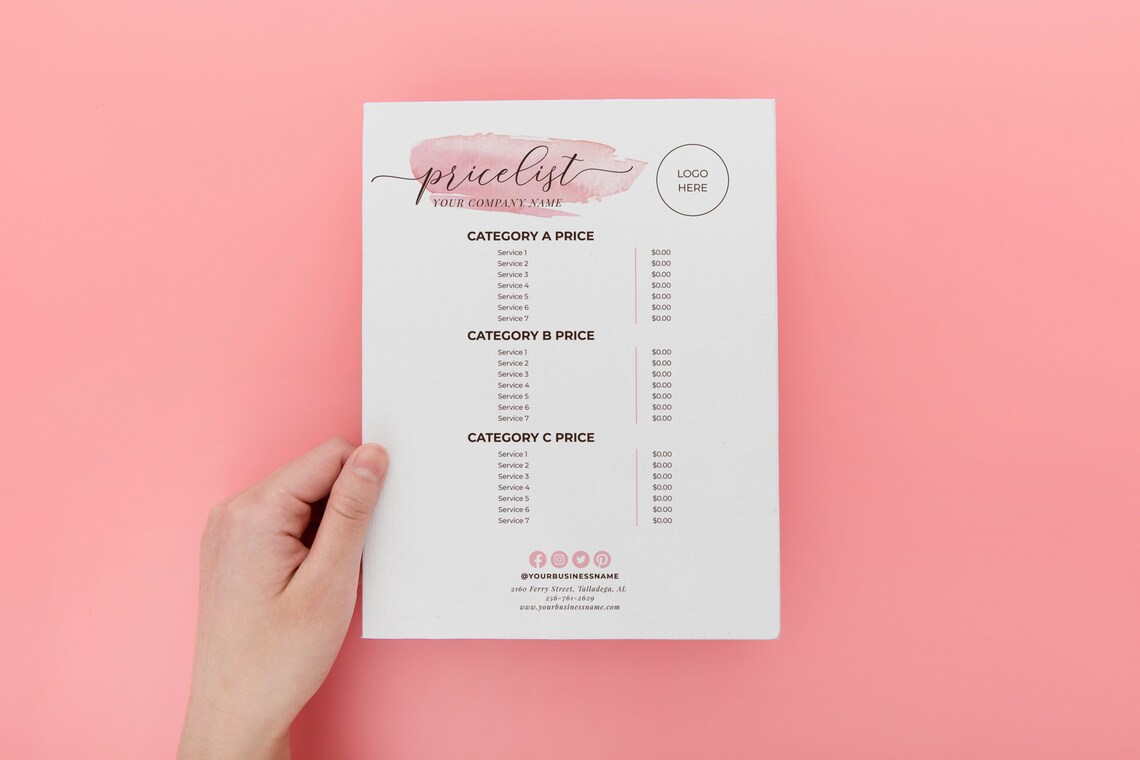 Editable Price List Flyer, Minimalist Price Template With Pink Brush ...