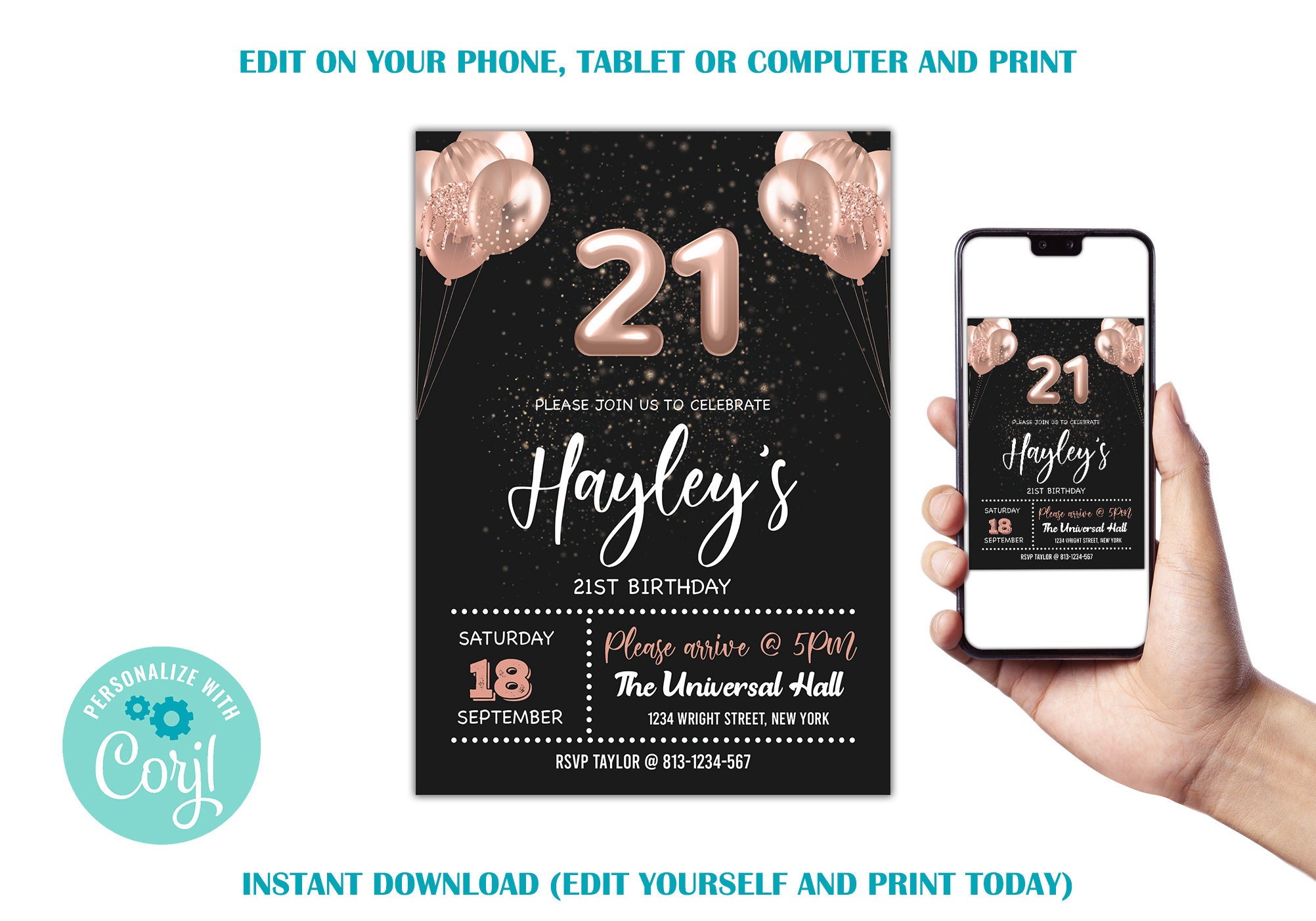 EDITABLE 21st Birthday Invitation for Her, Rose Gold Invitation ...