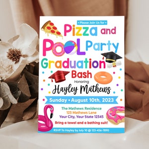 Editable Pizza and Pool Party Graduation Bash Invitation, Grad Party ...