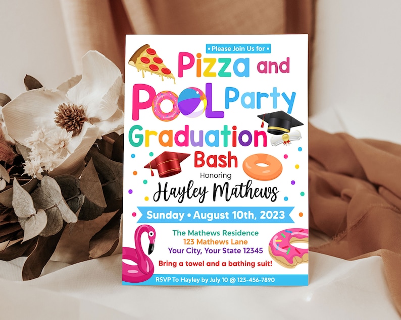 Editable Pizza and Pool Party Graduation Bash Invitation, Grad Party ...