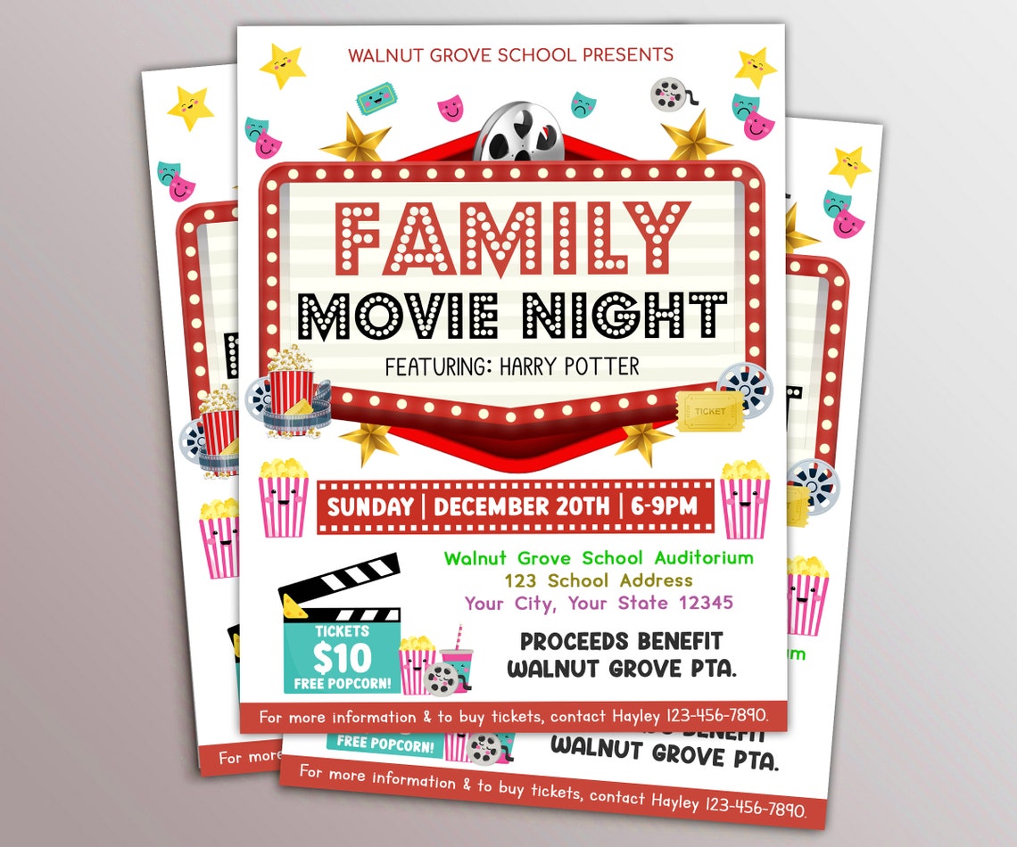 Editable Family Movie Night Flyer, School Church Benefit Fundraiser ...