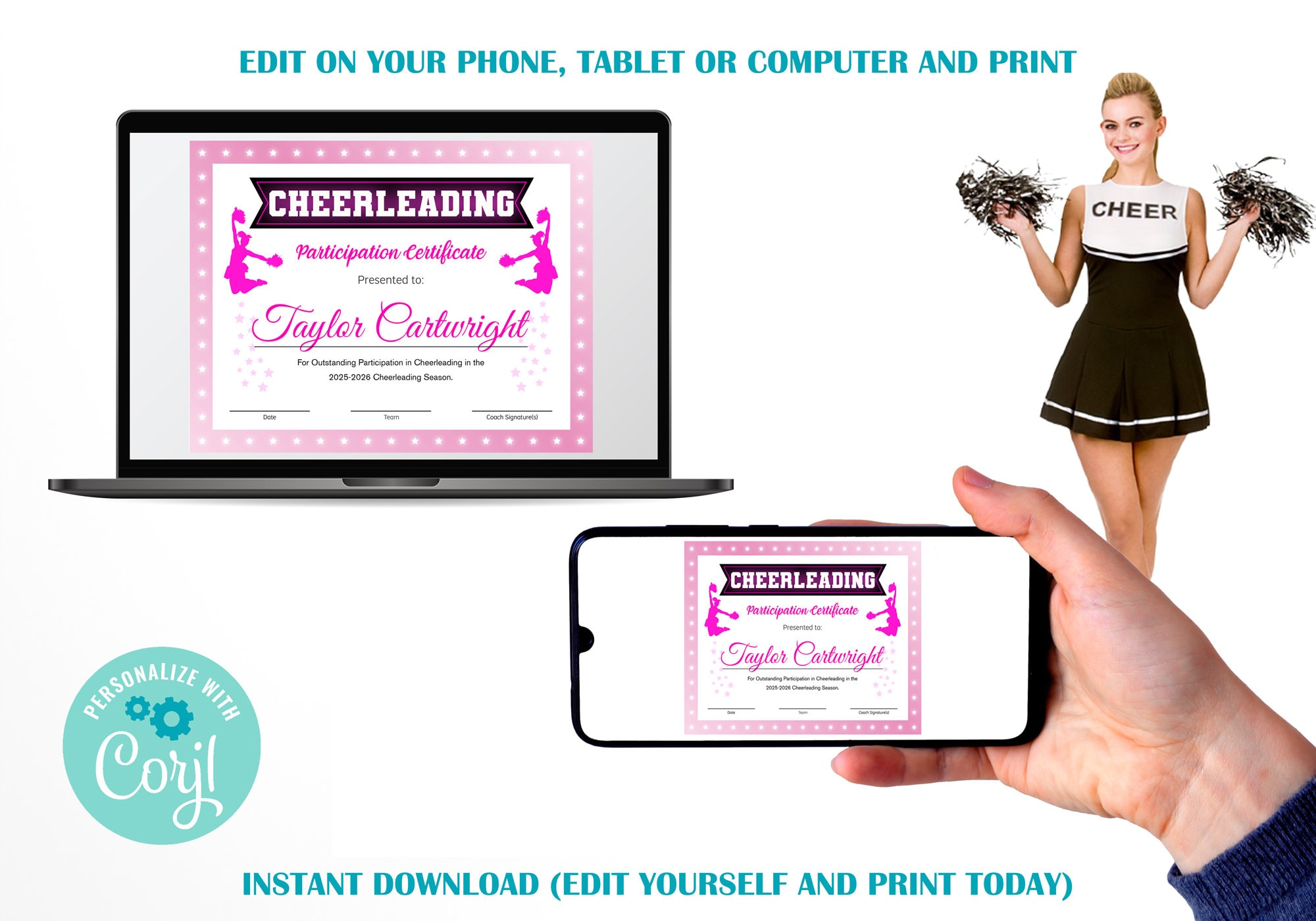 EDITABLE Cheerleader Certificate Cheerleading Award - Etsy