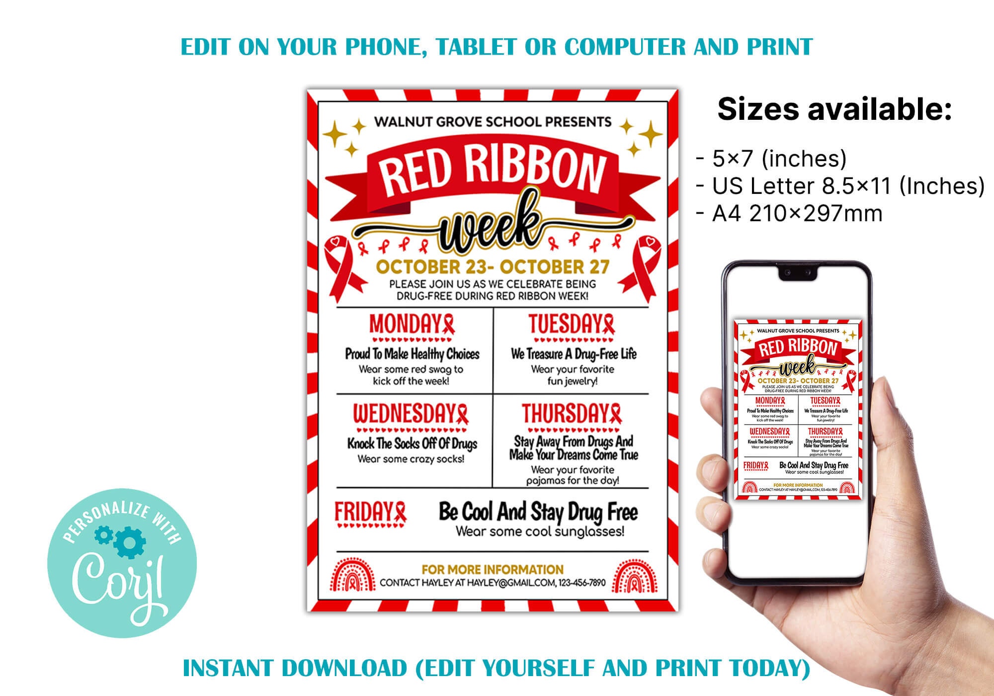 Red Ribbon Spirit Week Template, School Spirit Week Schedule, Red ...