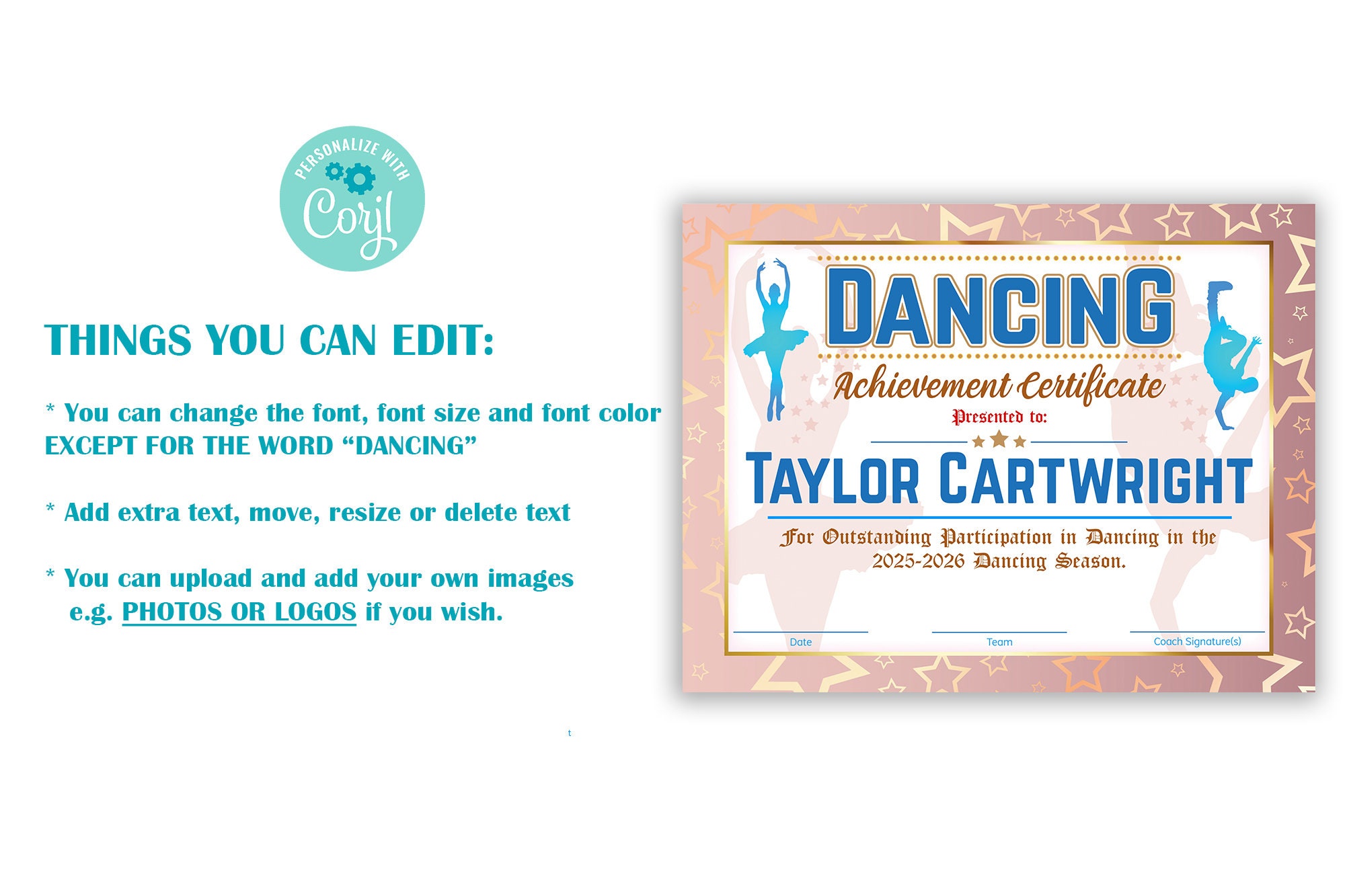EDITABLE Dancer Certificate Dancing Award Dancer Printable - Etsy