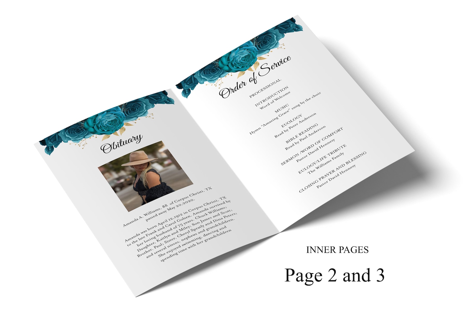 8 Page Turquoise Rose Funeral Program Template for Woman, Editable ...