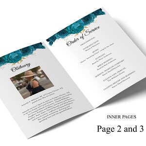 8 Page Turquoise Rose Funeral Program Template for Woman, Editable ...