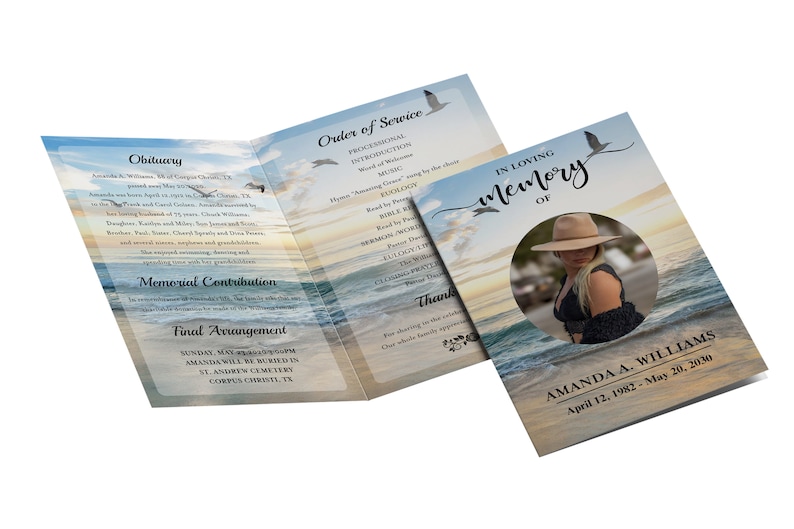 Blue Ocean Obituary Template, 4 Page Ocean Themed Funeral Brochure ...