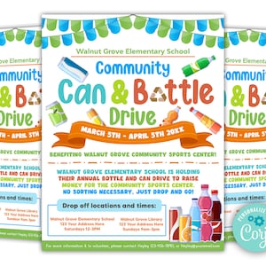 Editable Can and Bottle Drive Fundraiser Flyer, PTO PTA Family School ...