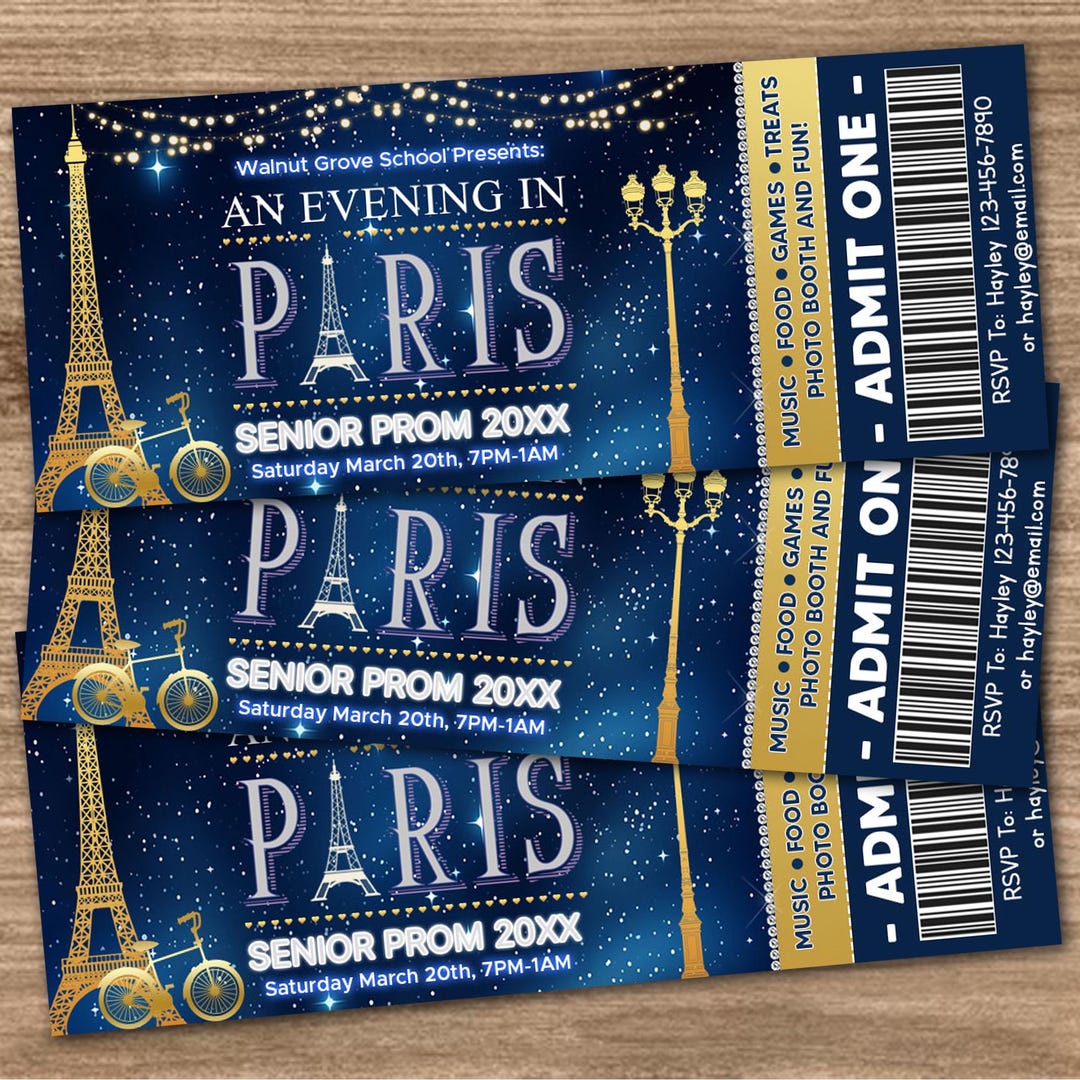 Editable A Night in Paris Prom Ticket, an Evening in Paris, High School ...