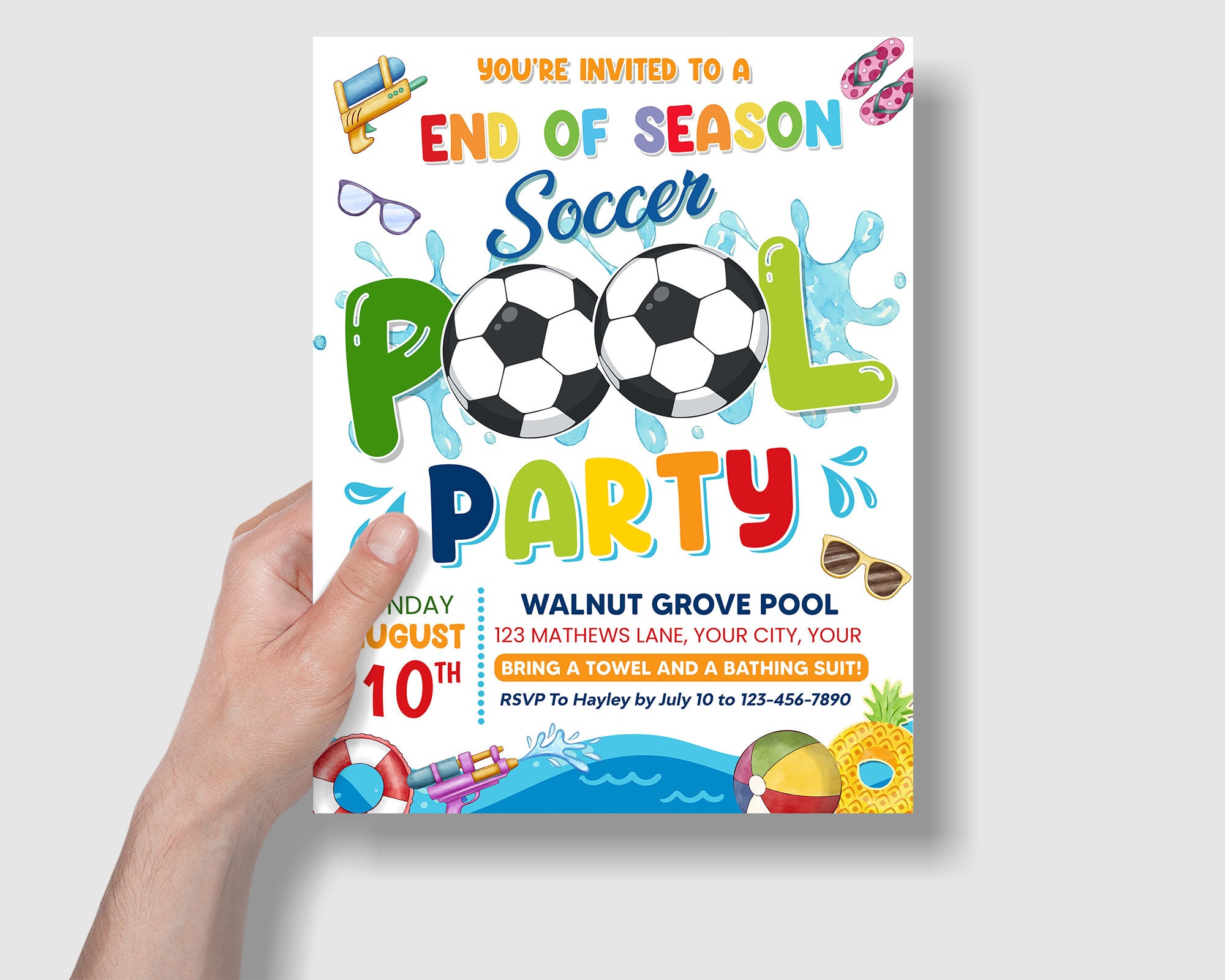 Editable End of Season Soccer Pool Party, Sports Pool Party Invite ...