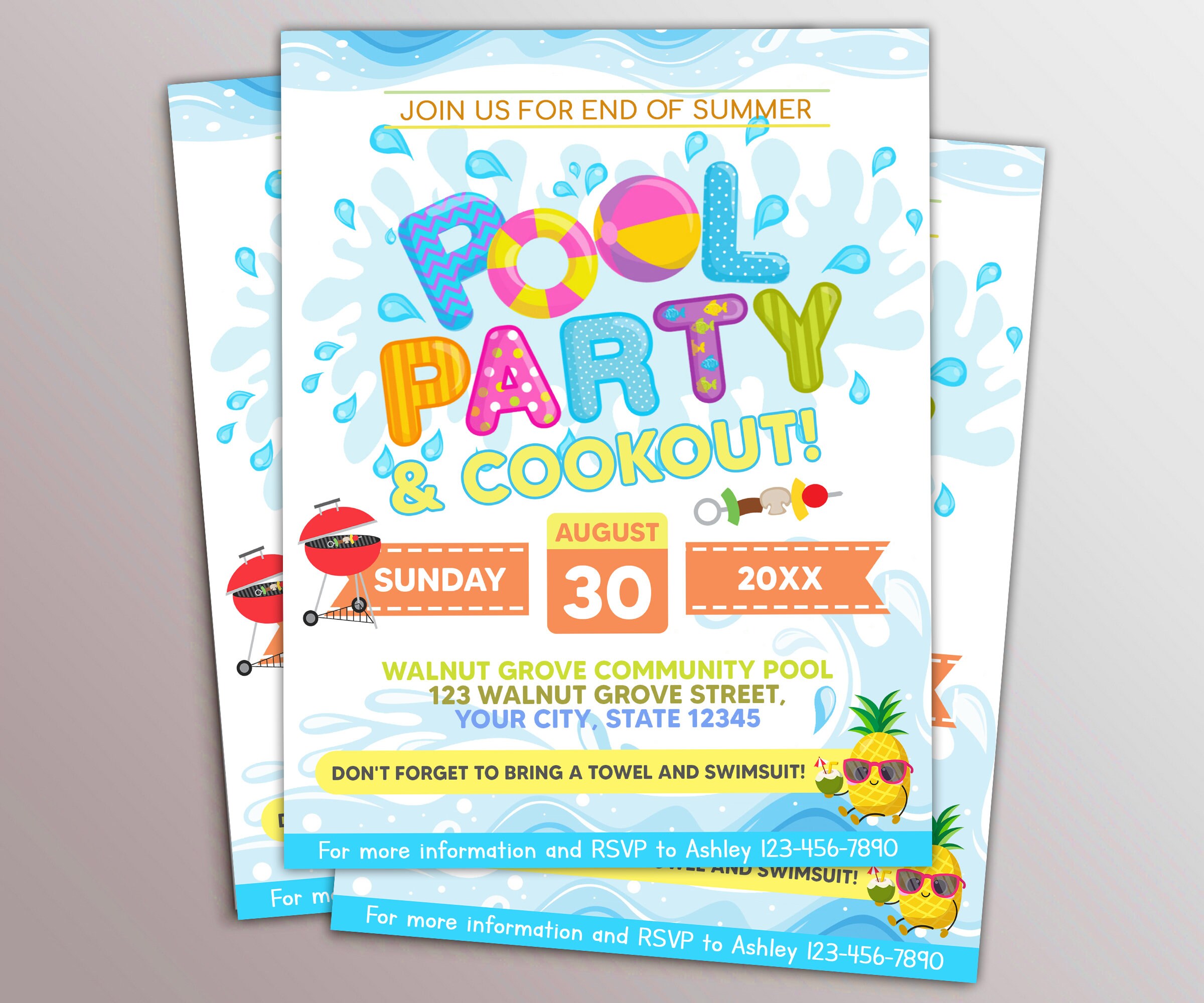 Editable Summer Party Invite, Back to School Pool Party and Cookout ...