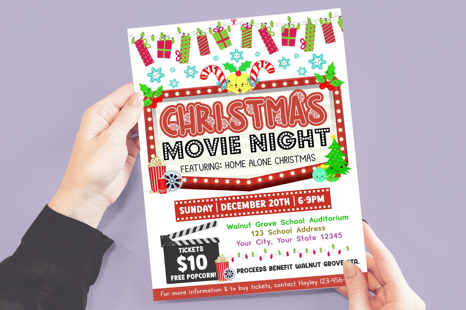 Editable Christmas Movie Night Flyer, Xmas School Church Benefit ...