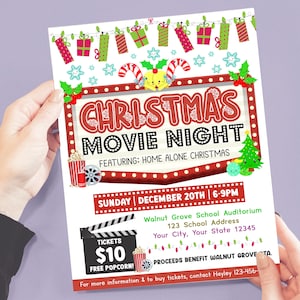Editable Christmas Movie Night Flyer, Xmas School Church Benefit ...