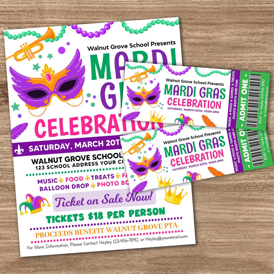 Editable Mardi Gras Celebration Ticket and Flyer Bundle Template, Mardi ...
