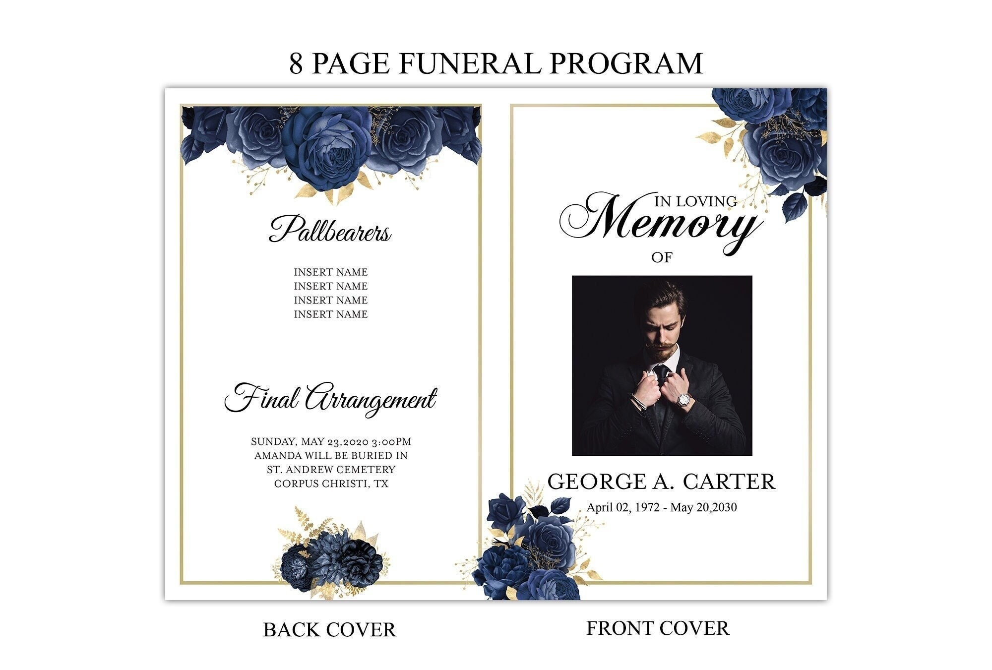 8 Page Funeral Program Template for Man With Pictures, Elegant Editable ...