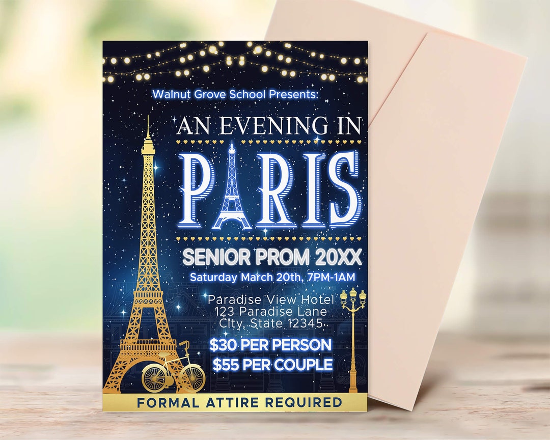 A Night in Paris Prom Flyer, School Dance Digital Invite, an Evening in ...