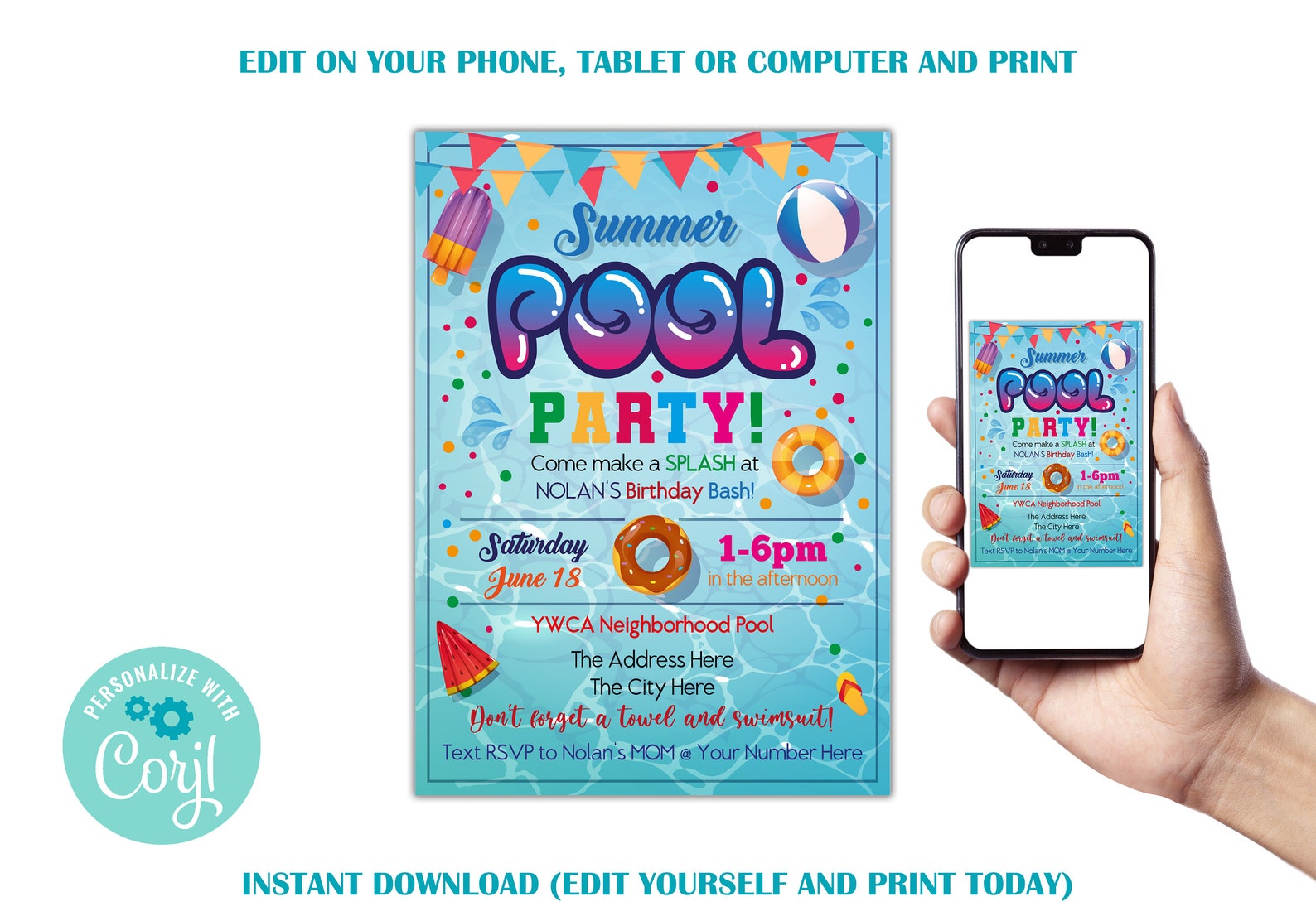Pool Party Invitations for Kids, Pool Party Invitation Editable - Etsy