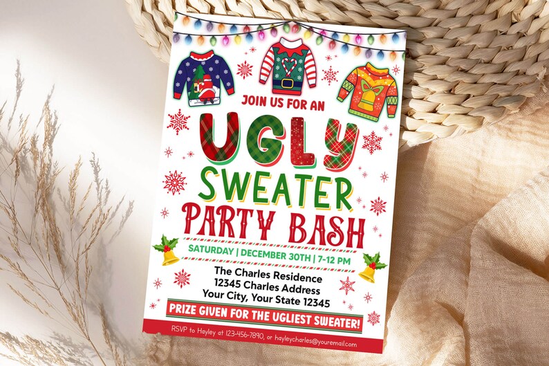 Ugly Sweater Party Flyer Template, Editable Ugly Sweater Holiday Party ...