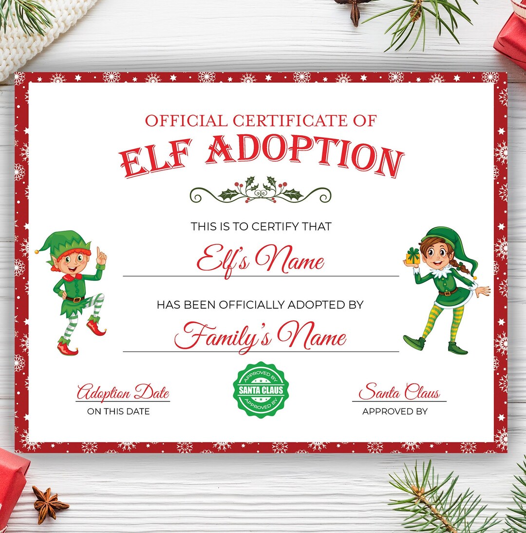 Elf Certificate of Adoption, Editable Elf Theme Stocking Stuffer - Etsy