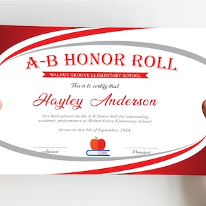 Customizable AB Honor Roll Certificate, Editable Red White Award ...