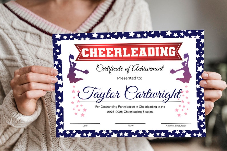 EDITABLE Cheerleader Certificate Red and Blue Cheerleading - Etsy