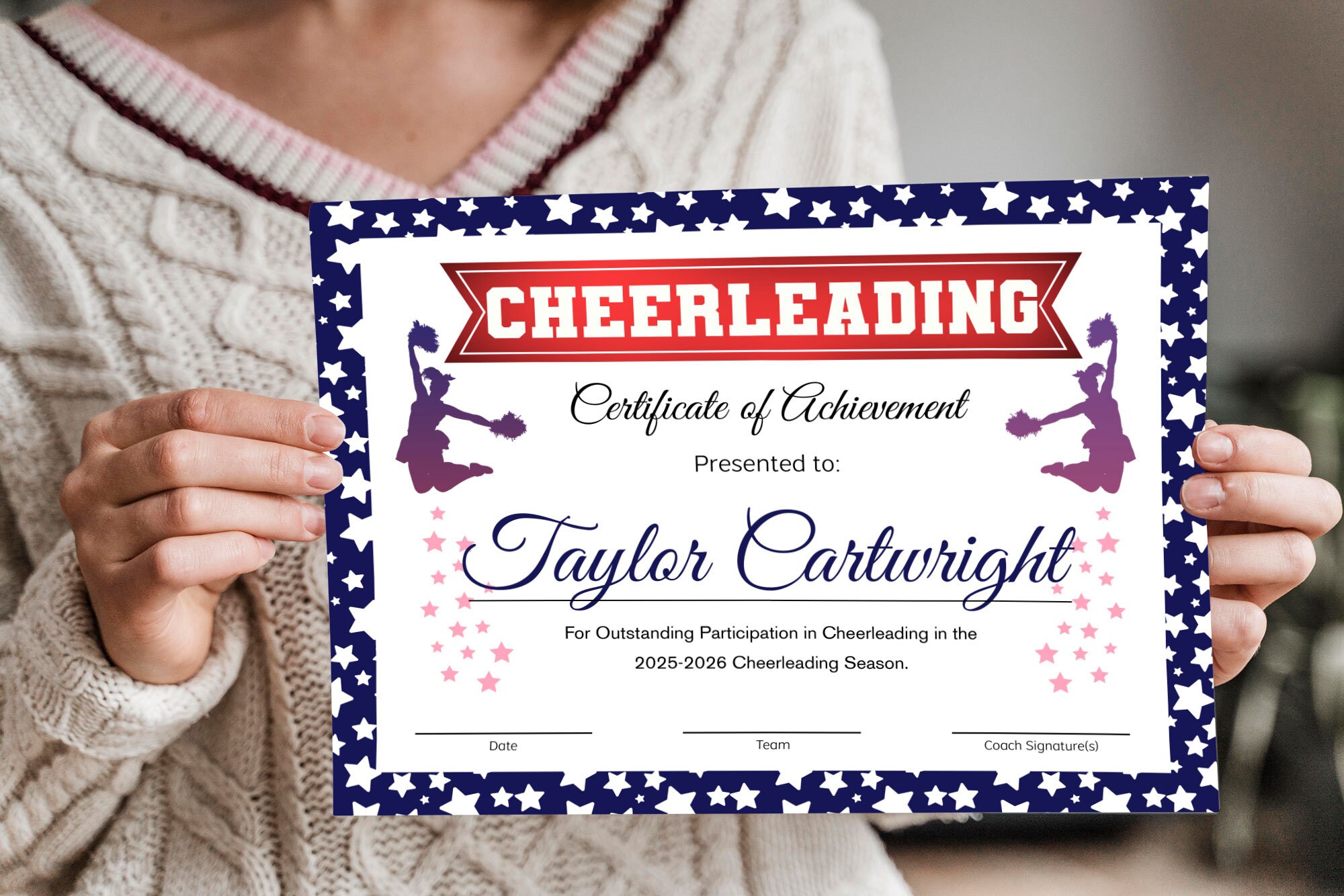 EDITABLE Cheerleader Certificate Red and Blue, Cheerleading Award ...