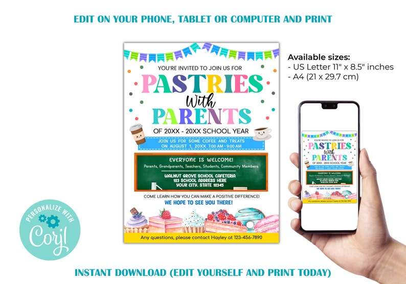 Editable Pastries With Parents Flyer PTA PTO Printable Flyer - Etsy