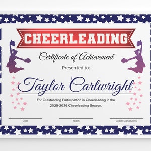 EDITABLE Cheerleader Certificate Red and Blue, Cheerleading Award ...