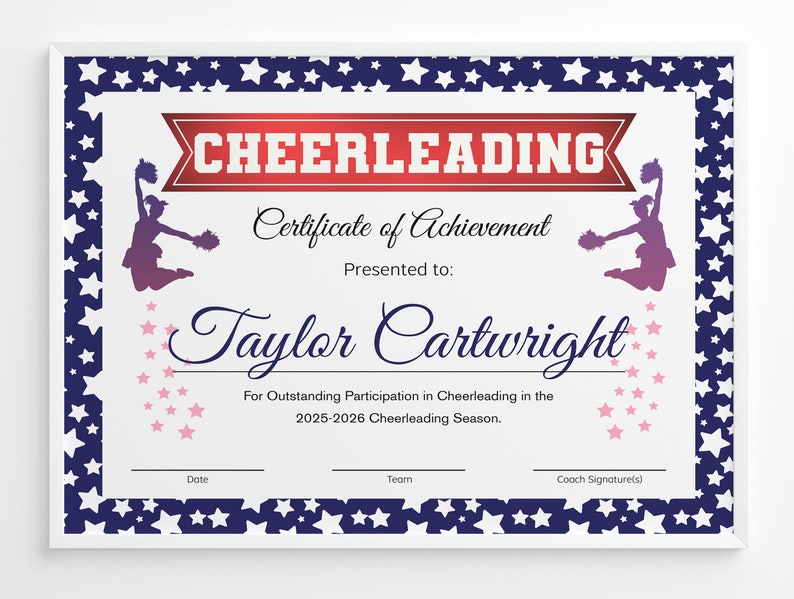 EDITABLE Cheerleader Certificate Red and Blue Cheerleading - Etsy