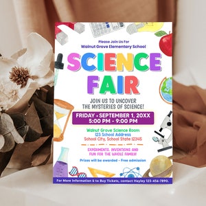 Printable Science Fair Flyer Template, PTO PTA Science Party, Chemistry ...