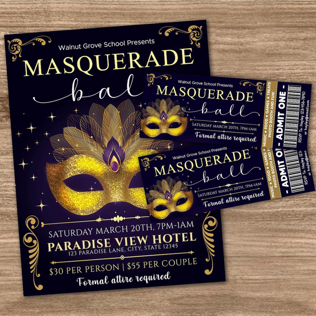 Masquerade Ball Invitation and Ticket Bundle Template, Editable ...