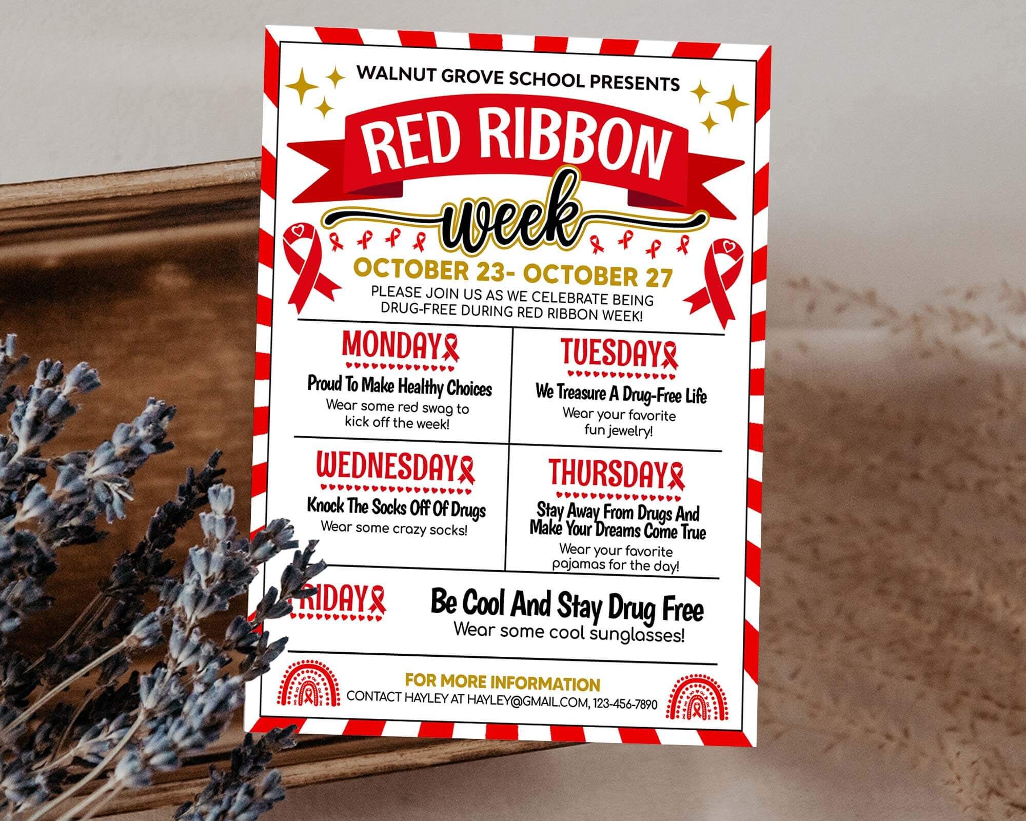 Red Ribbon Spirit Week Template, School Spirit Week Schedule, Red ...