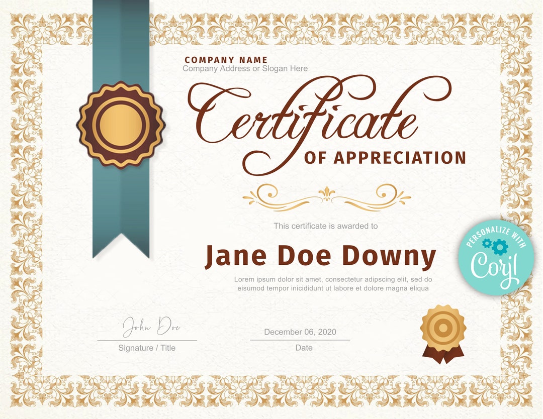 EDITABLE Certificate of Appreciation Template | Certificate of ...
