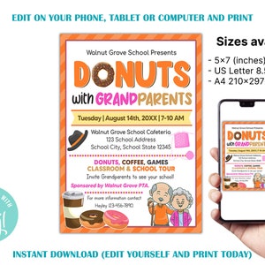 Editable Donuts With Grandparents Flyer, PTO PTA Family Event, Grandpa ...