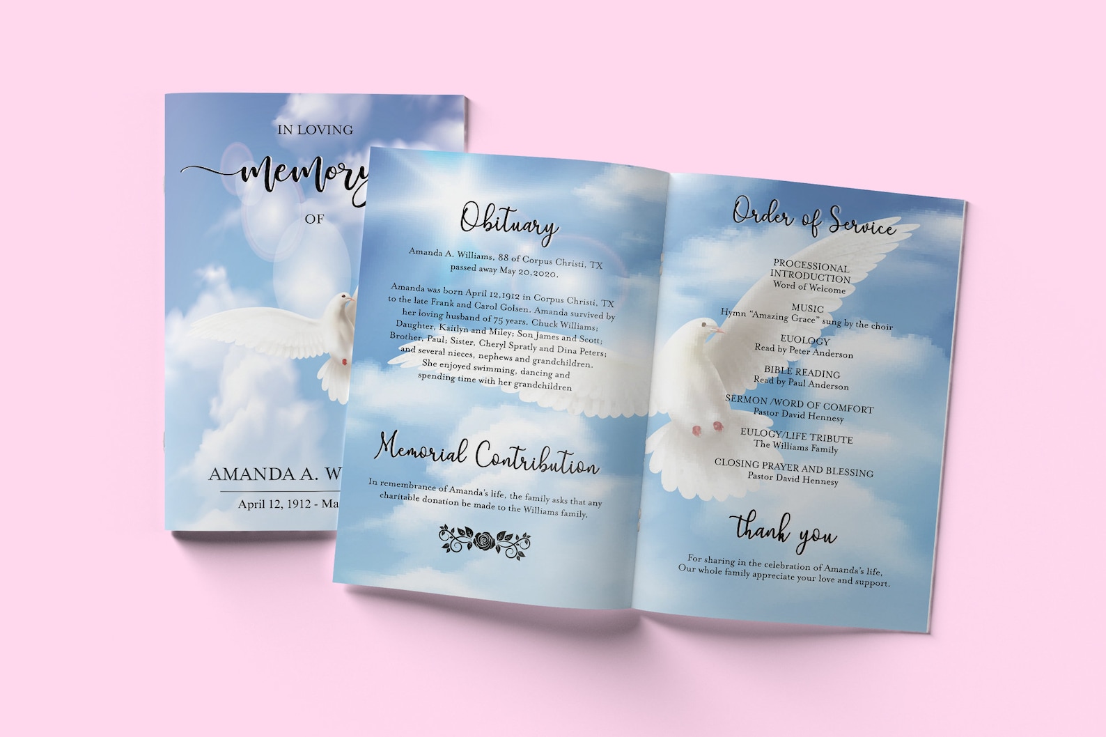 Blue Sky White Dove Funeral Program, Editable 4 Page Program for ...
