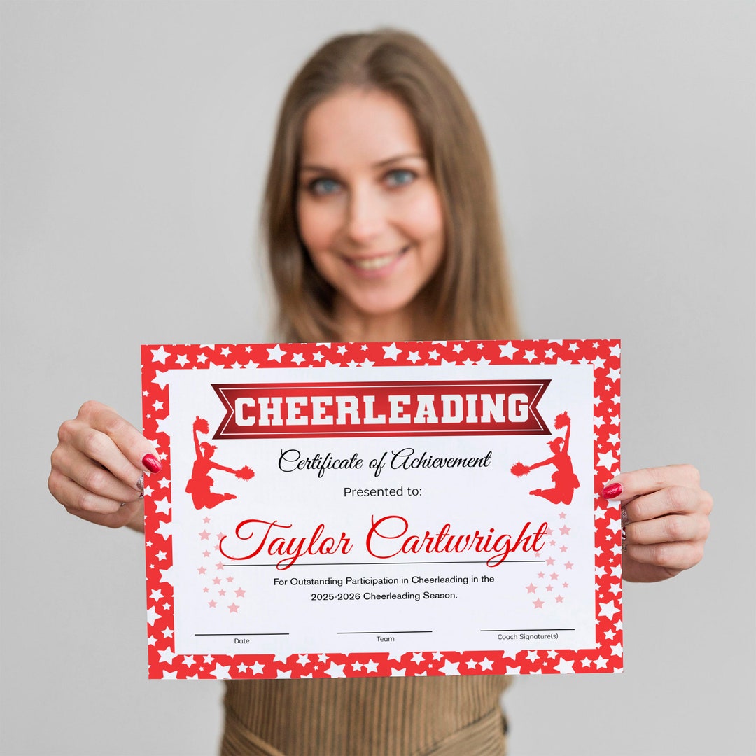 EDITABLE Cheerleader Certificate, Red White Cheer Certificates Sports ...