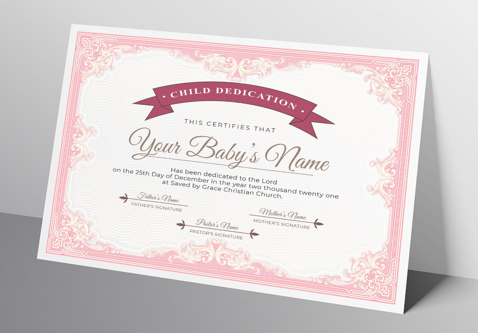 EDITABLE Pink Baby Dedication Certificate Template, Girl Baby ...