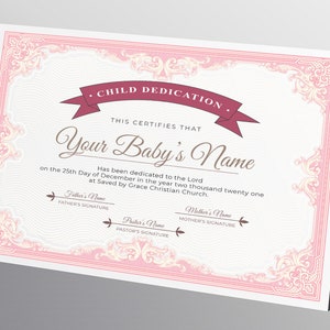 EDITABLE Pink Baby Dedication Certificate Template, Girl Baby ...