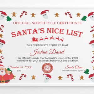 DIY Nice List Certificate From Santa, Red White Christmas Certificate ...