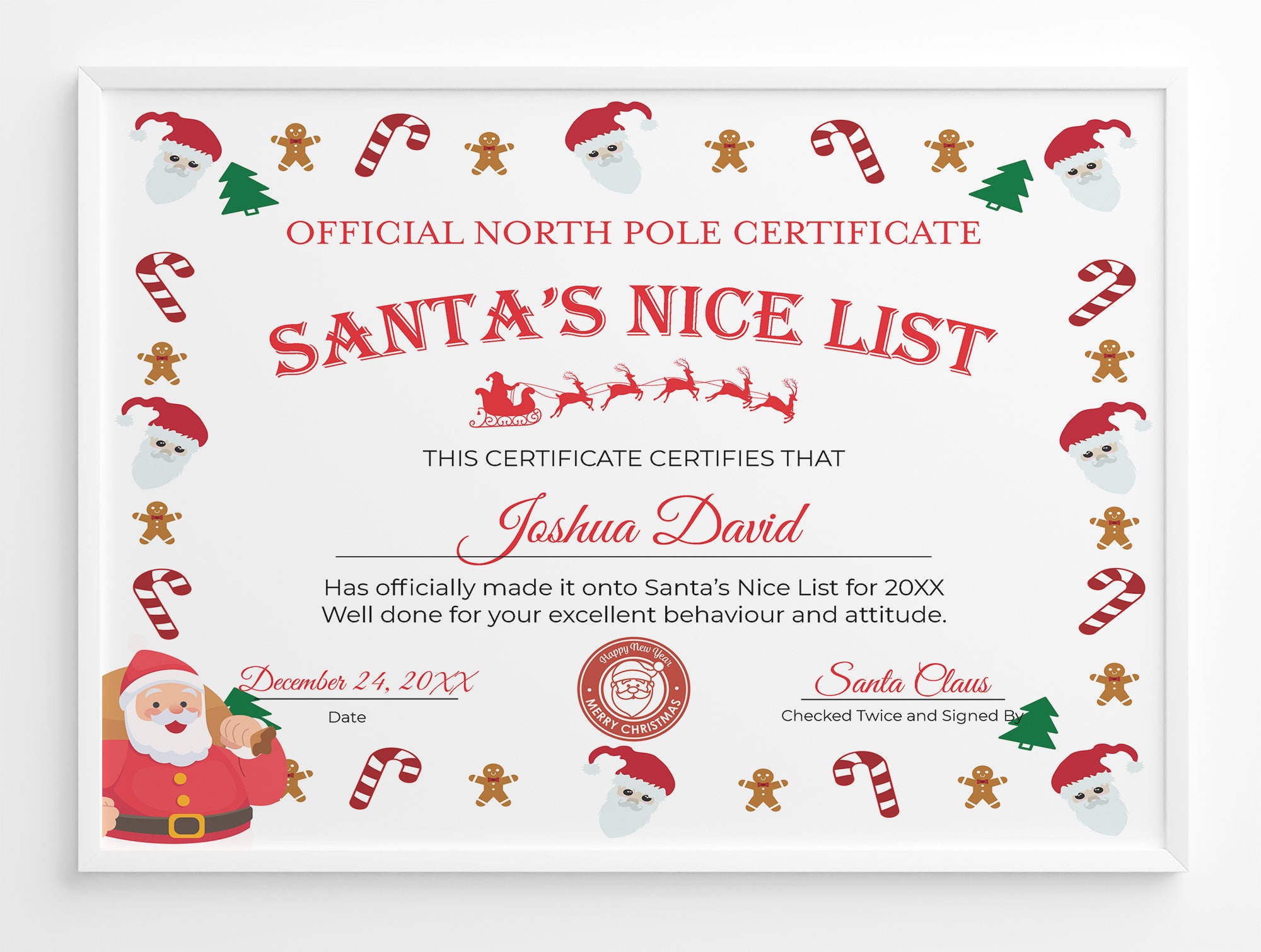 DIY Nice List Certificate From Santa, Red White Christmas Certificate ...