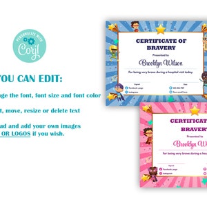 Two Editable Certificate of Bravery Award BUNDLE, Blue and Pink ...