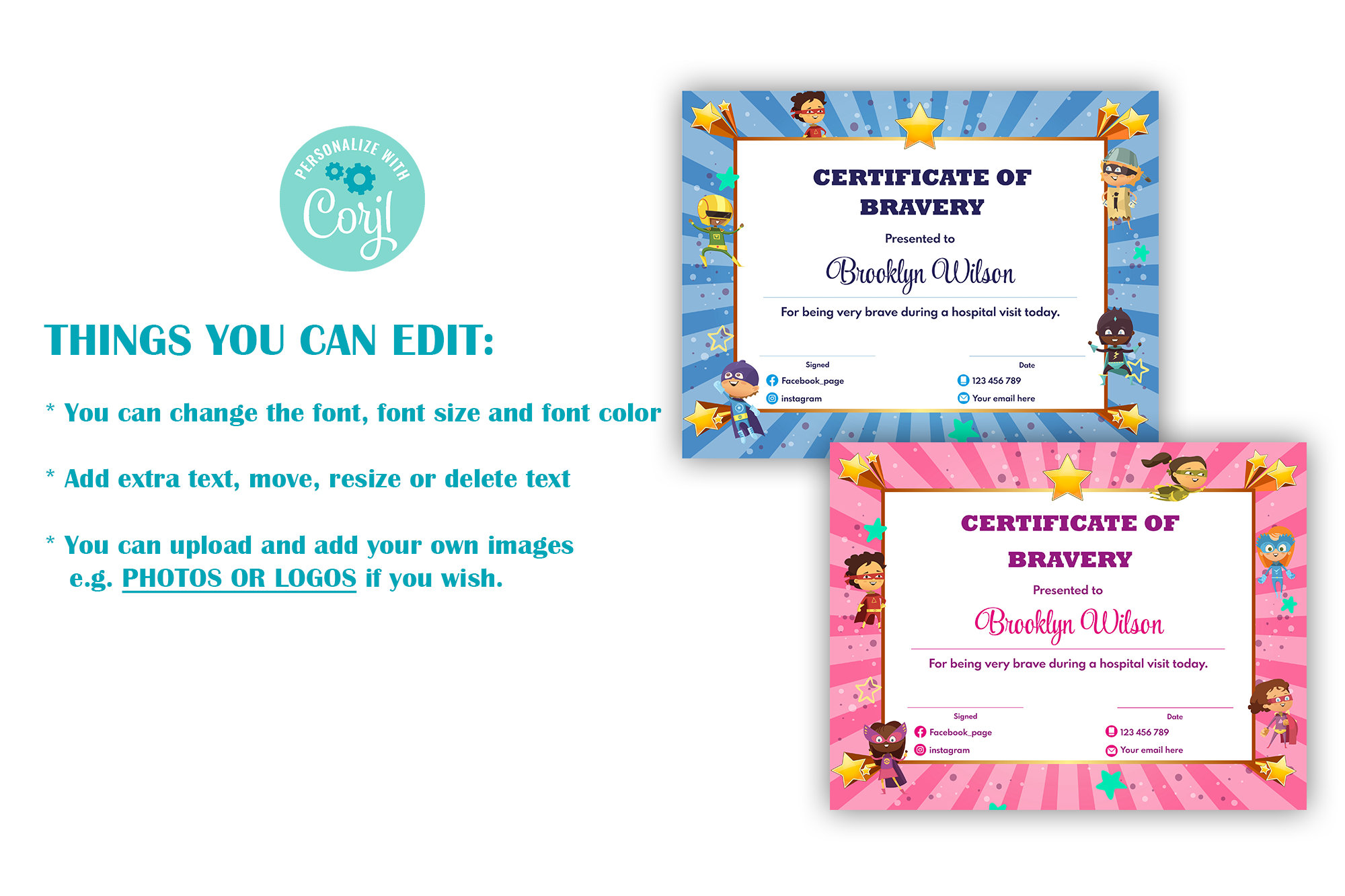 Two Editable Certificate of Bravery Award BUNDLE, Blue and Pink ...