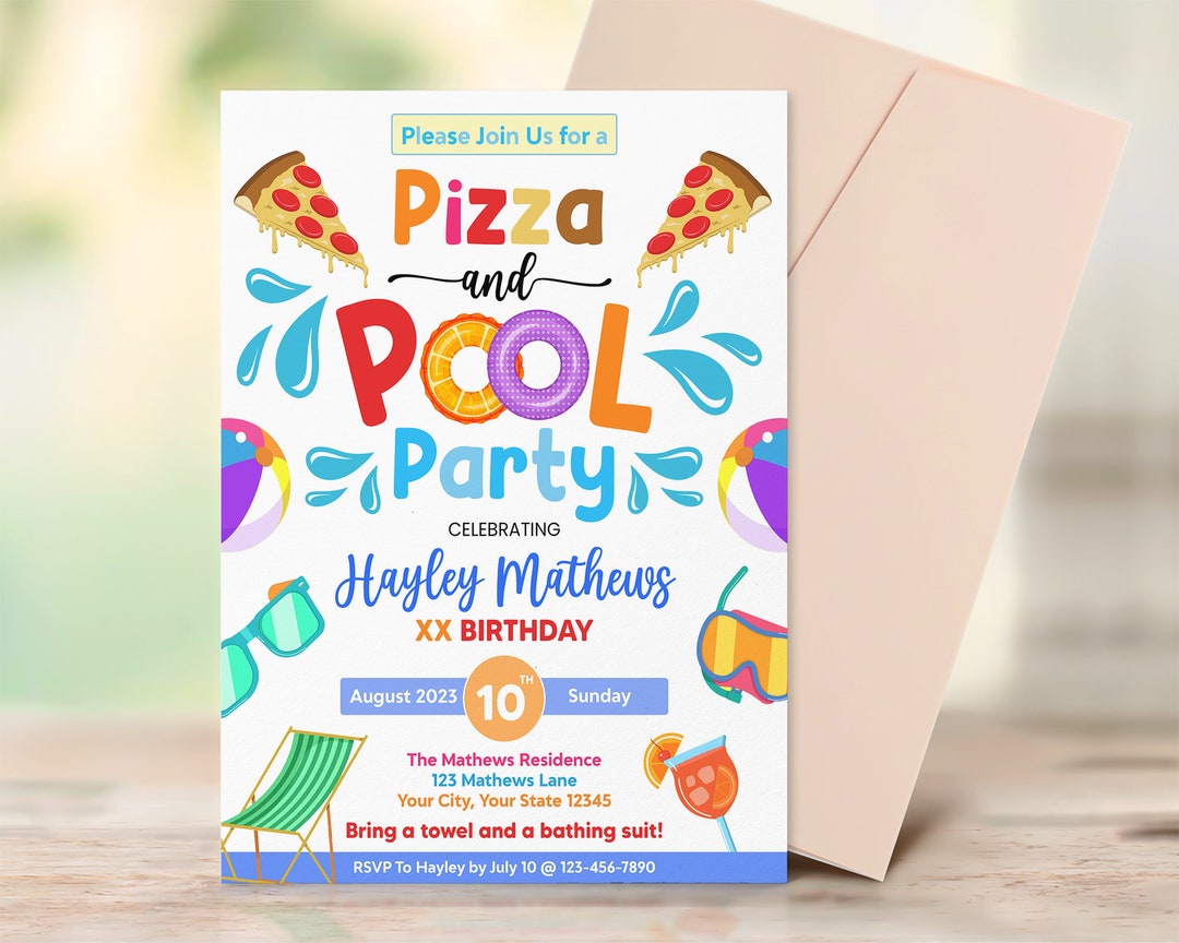 Editable Pizza and Pool Party Invitation, End of School Party, Summer ...