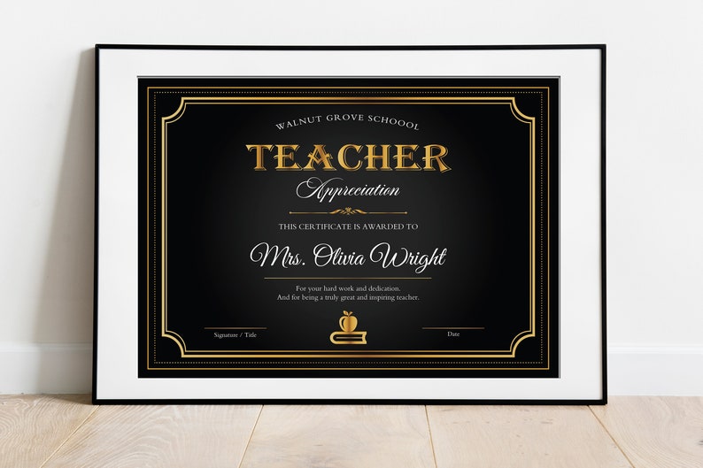 Editable Elegant Teacher Appreciation Certificate Black - Etsy