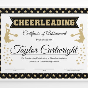 Editable Cheerleader Certificate, Gold and Black Cheer Certificates ...
